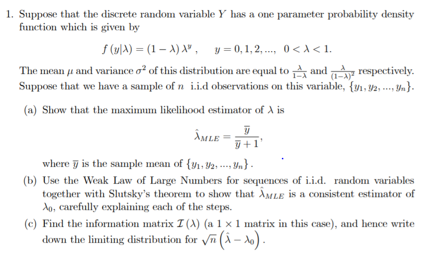 Solved 1. Suppose that the discrete random variable Y has a | Chegg.com