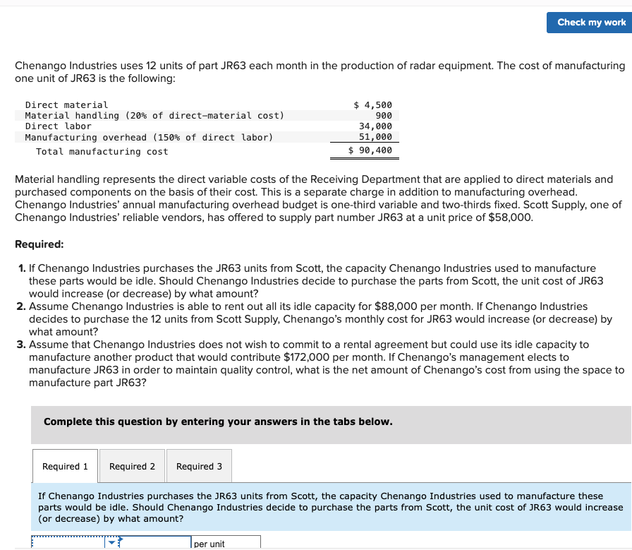 Chenango Industries uses 12 units of part JR63 each | Chegg.com