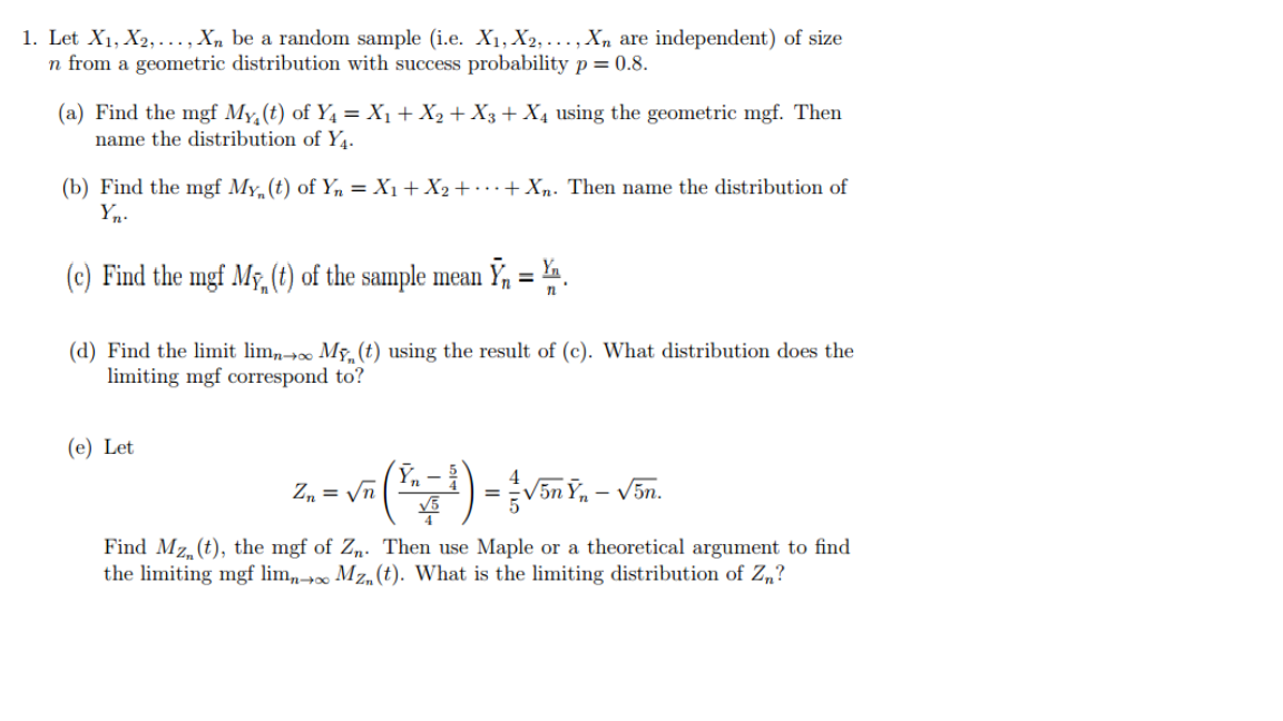 Solved 1. Let X1, X2, ..., X, be a random sample (i.e. X1, | Chegg.com