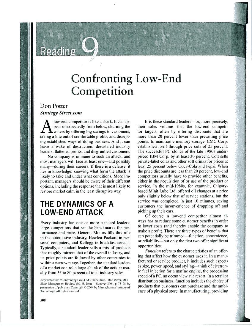 Solved Reading Confronting Low-End Competition Don Potter | Chegg.com
