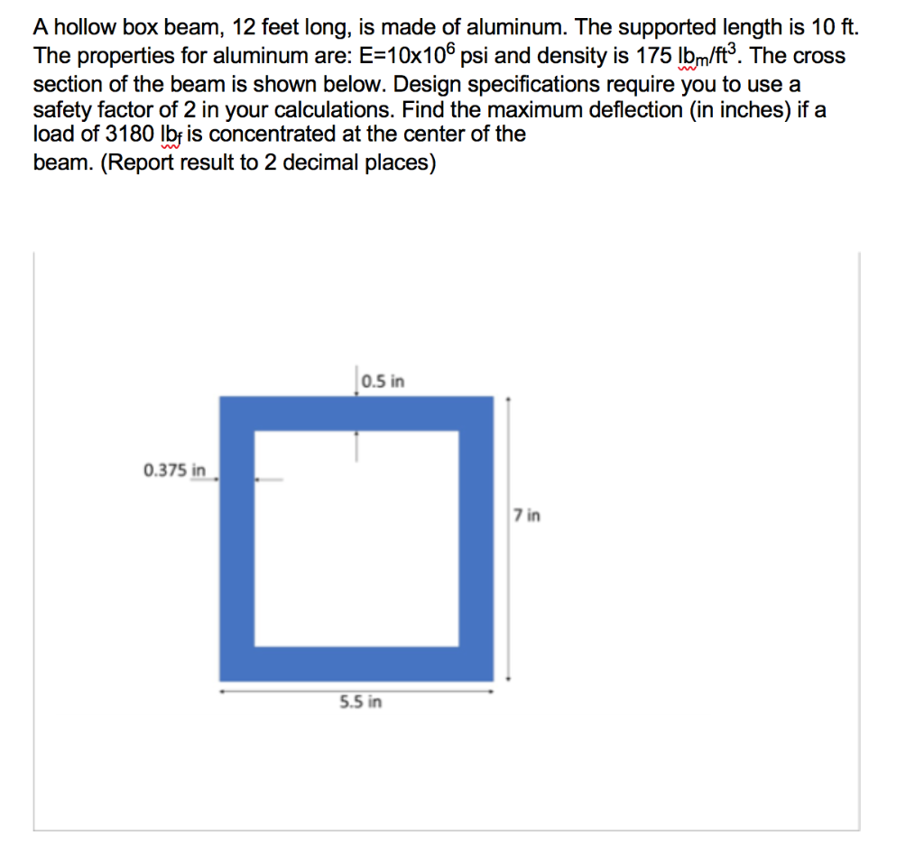 Solved A hollow box beam, 12 feet long, is made of aluminum. | Chegg.com