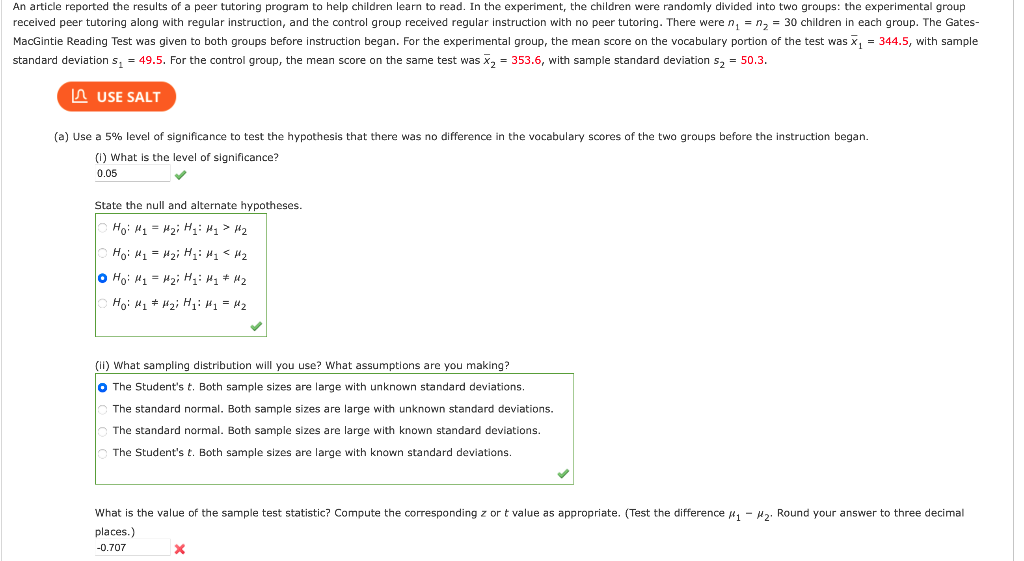 Solved article reported the results of a peer tutoring | Chegg.com