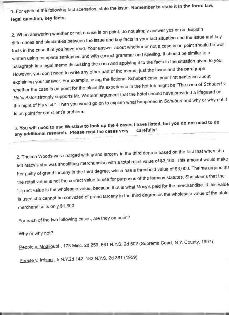 Solved 1. For each of the following fact scenarios, state | Chegg.com