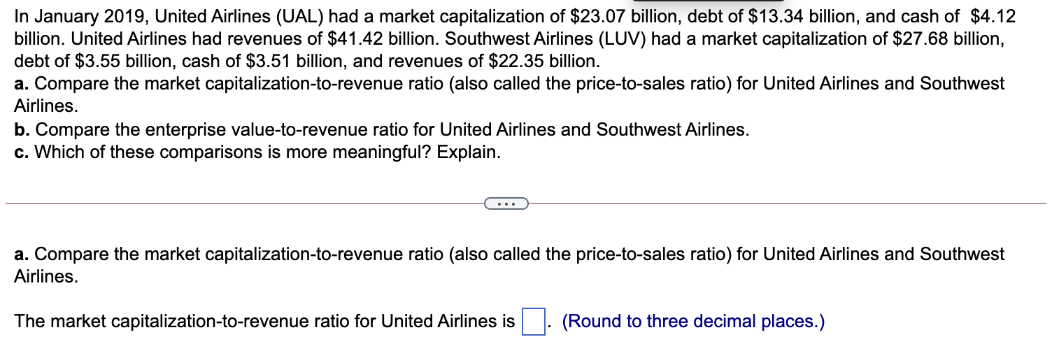 Solved In January 2019, United Airlines (UAL) had a market | Chegg.com
