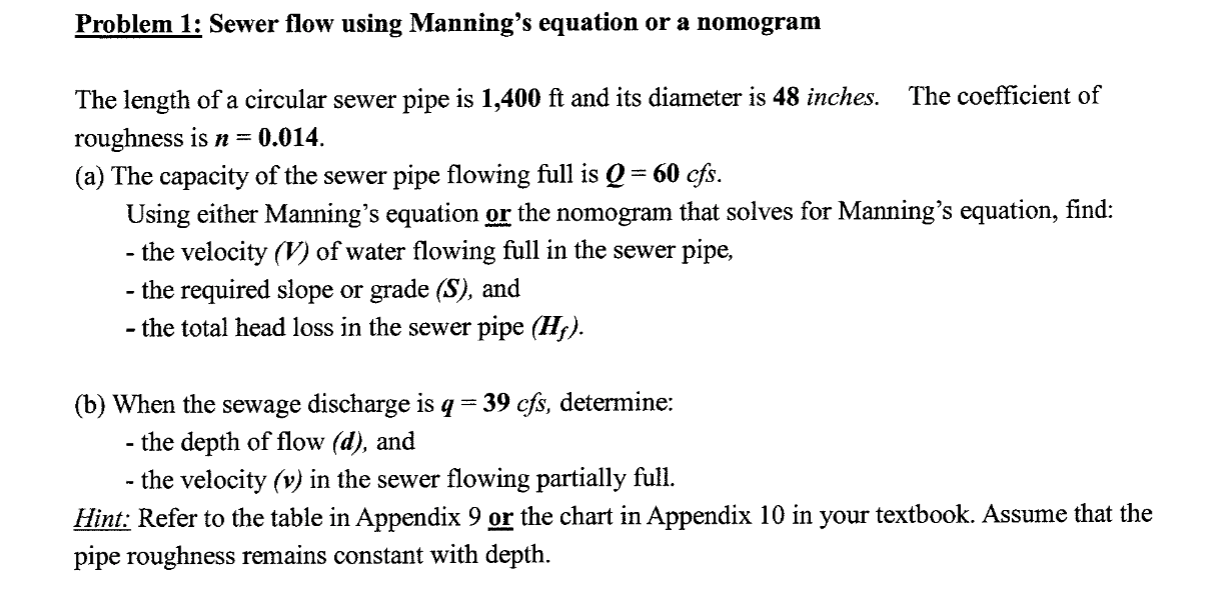 Solved Problem 1: Sewer flow using Manning's equation or a | Chegg.com