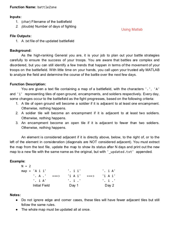 Function Name: battleZone Inputs 1. (char) Filename | Chegg.com