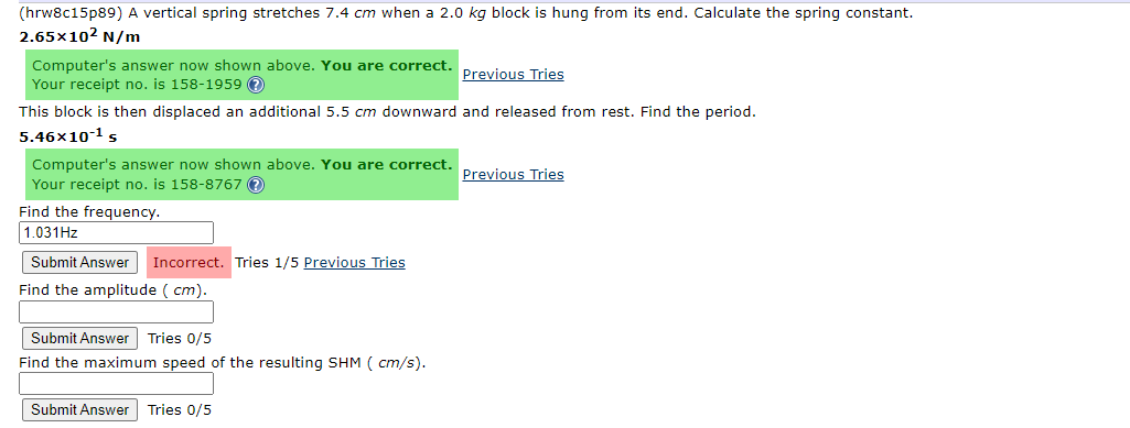 Solved (hrw8c15p89) A vertical spring stretches 7.4 cm when | Chegg.com