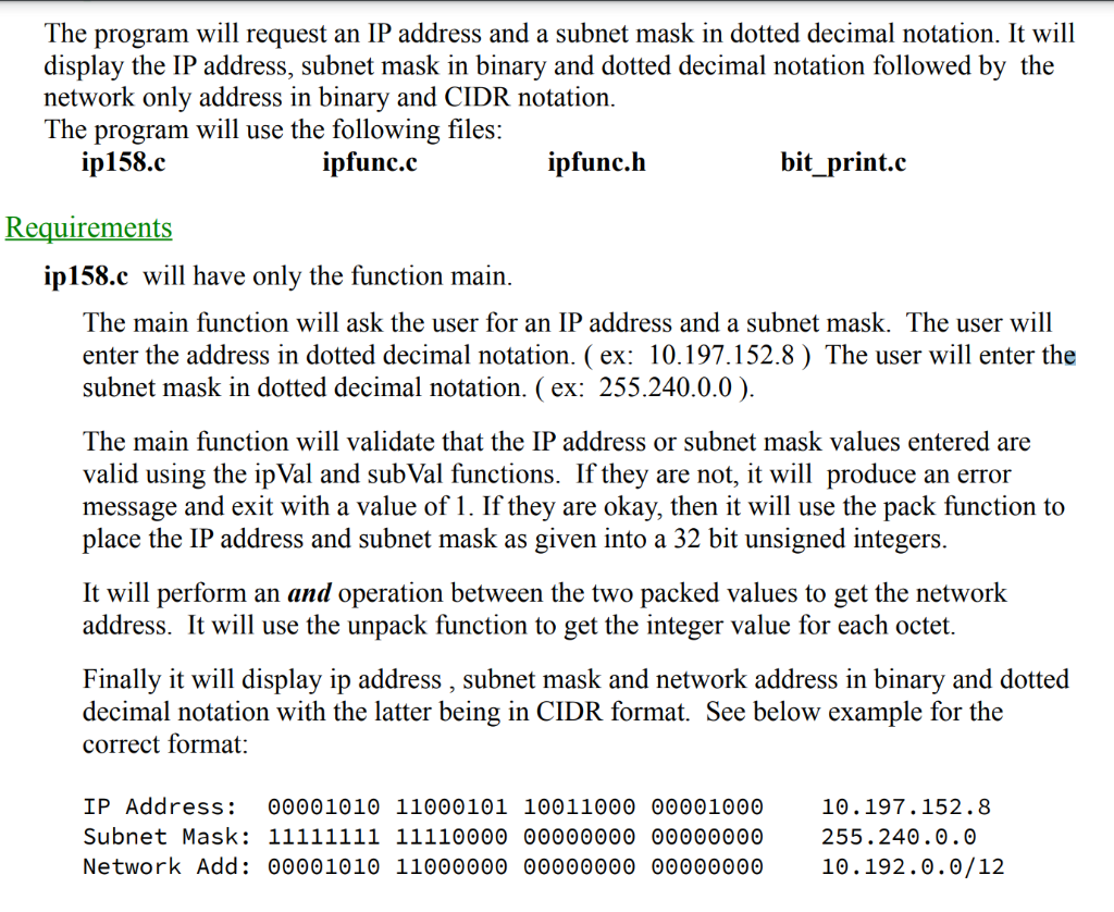 The program will request an IP address and a subnet | Chegg.com