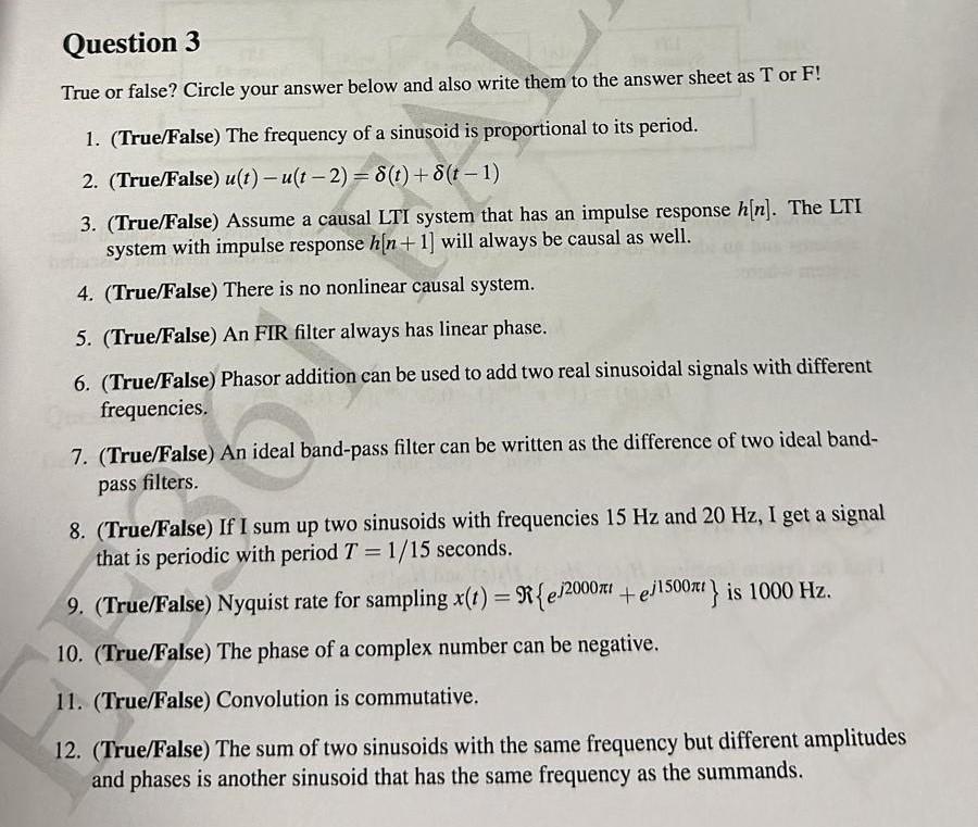 Solved 1. (True/False) The frequency of a sinusoid is | Chegg.com