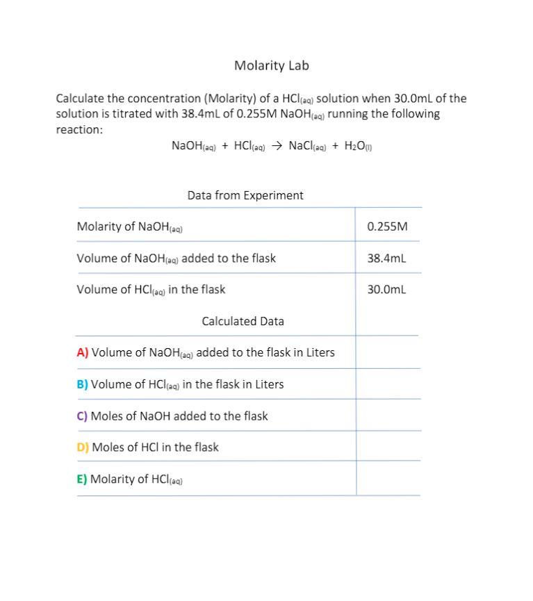 Solved Molarity Lab Calculate the concentration (Molarity) | Chegg.com
