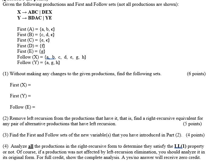 Solved Given the following productions and First and Follow | Chegg.com