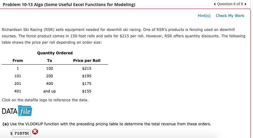 Solved Problem 10-13 Algo (Some Useful Excel Functions for | Chegg.com