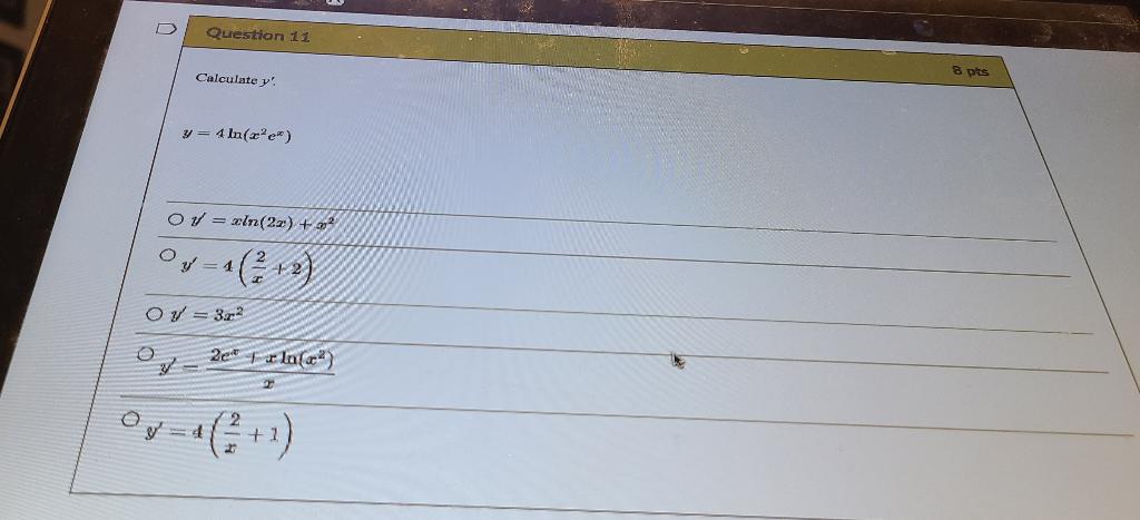Solved Calculate y' y=1ln(x2ex) y′=xln(2x)+x2 y′=1(x2+12) | Chegg.com