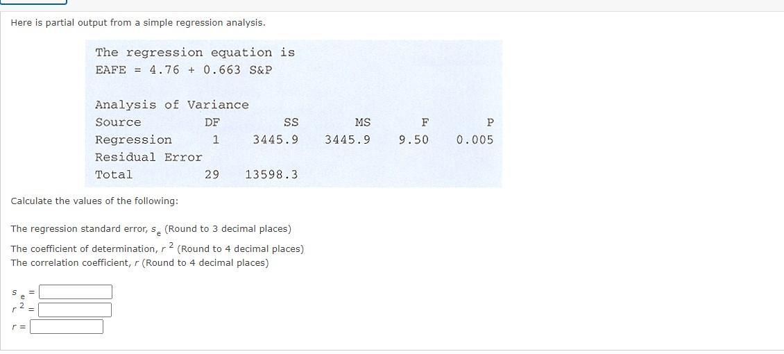 Solved Here is partial output from a simple regression | Chegg.com