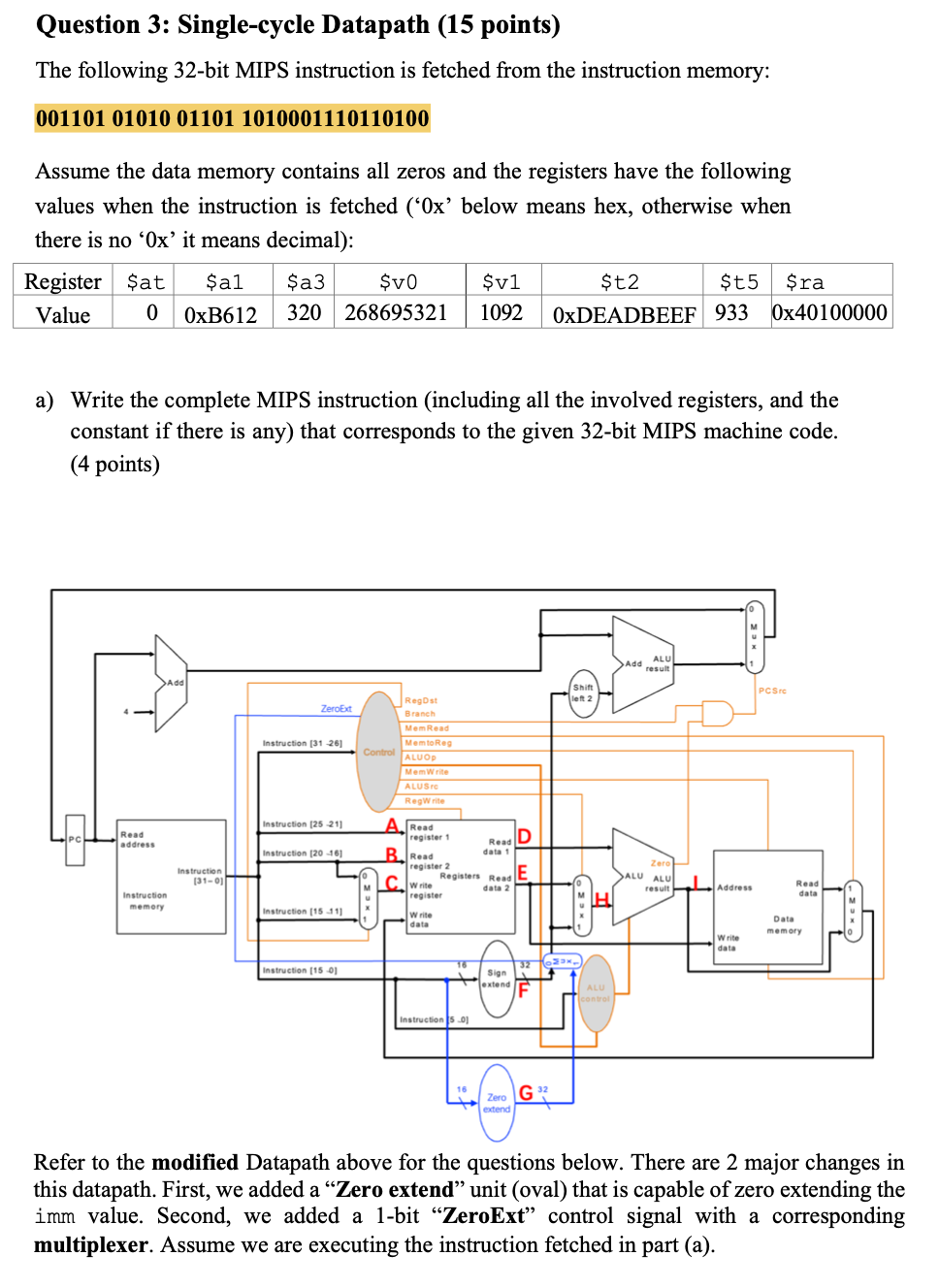 Solved Question 3: Single-cycle Datapath (15 points) The | Chegg.com