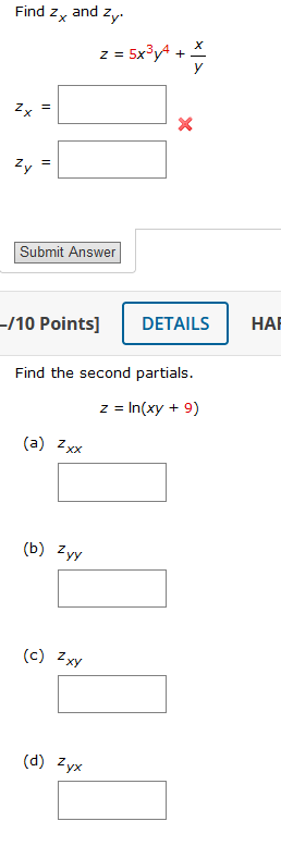Solved Find zx and zy z=5x3y4+yx zx= zy= /10 Points] Find | Chegg.com
