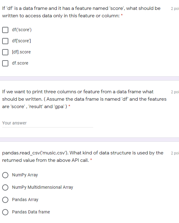 Solved 2 po If 'df' is a data frame and it has a feature | Chegg.com