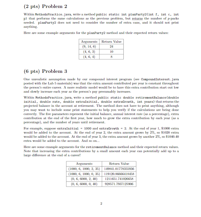 (2 pts) Problem 2 Within Methods Practice.java, write | Chegg.com