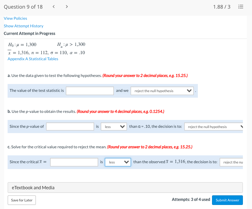Solved Question 9 of 18 1.88/3 View Policies Show | Chegg.com