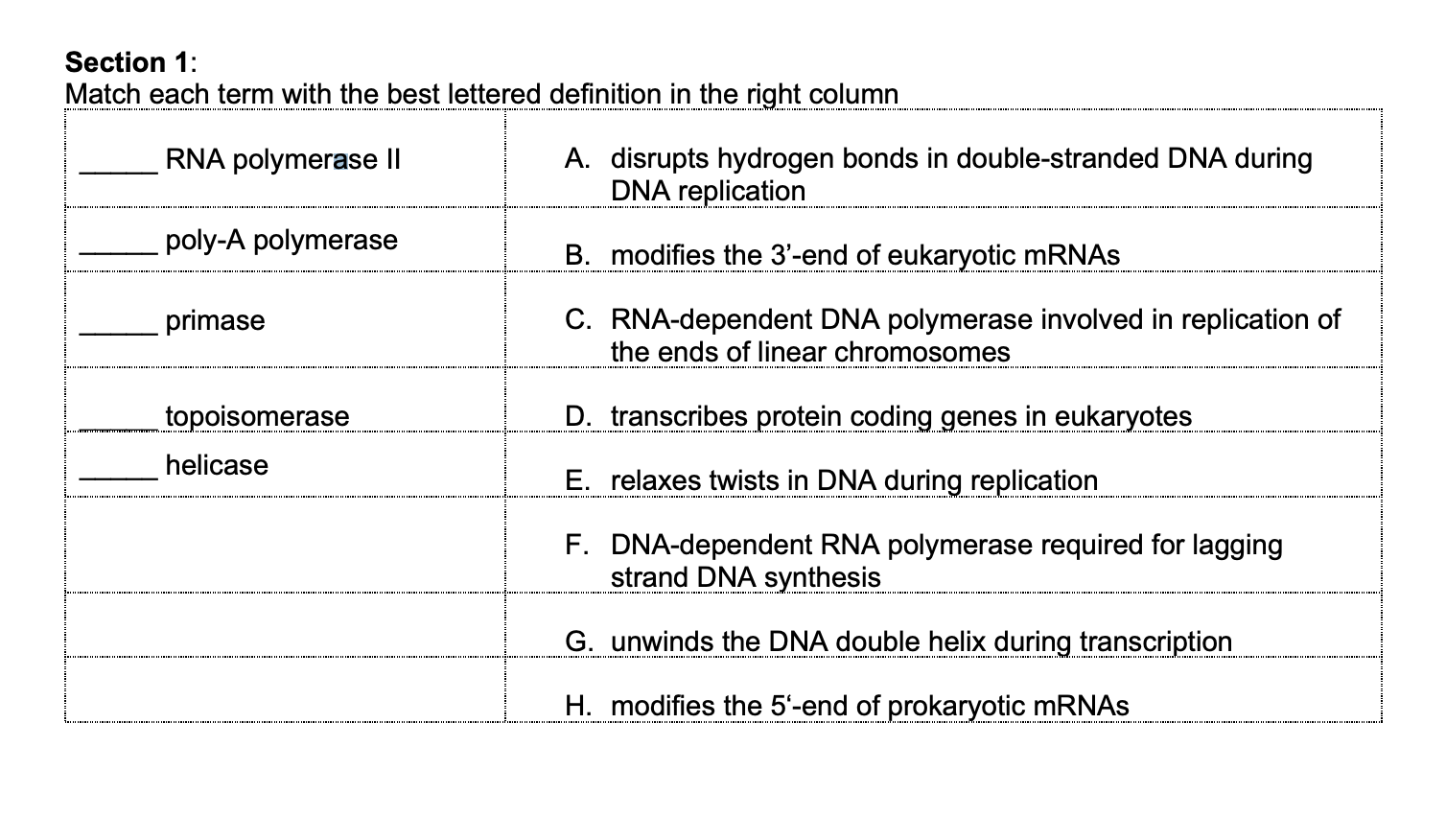 Solved Section 1: Match each term with the best lettered | Chegg.com