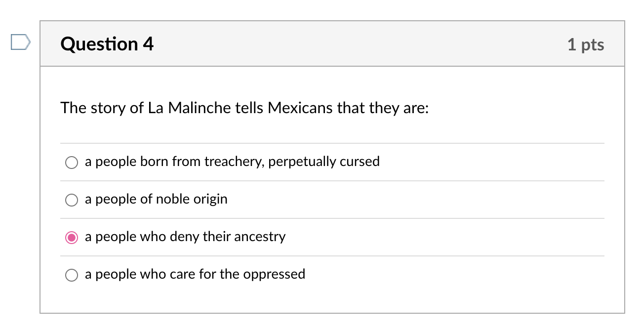 Solved Question 4 1 pts The story of La Malinche tells | Chegg.com