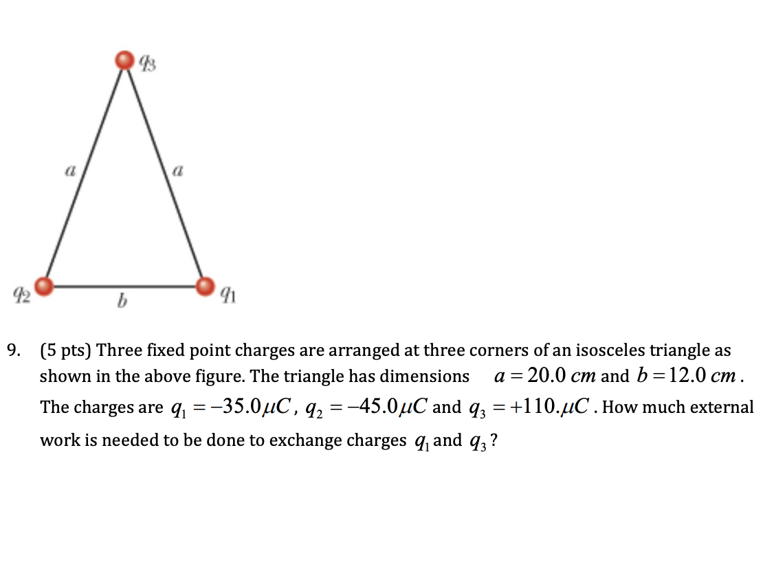 Solved a a b 91 9. (5 pts) Three fixed point charges are | Chegg.com