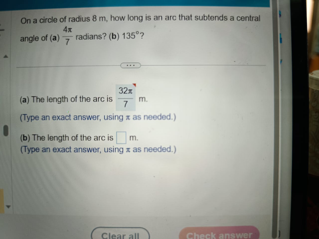 Solved On a circle of radius 8 m, how long is an arc that | Chegg.com