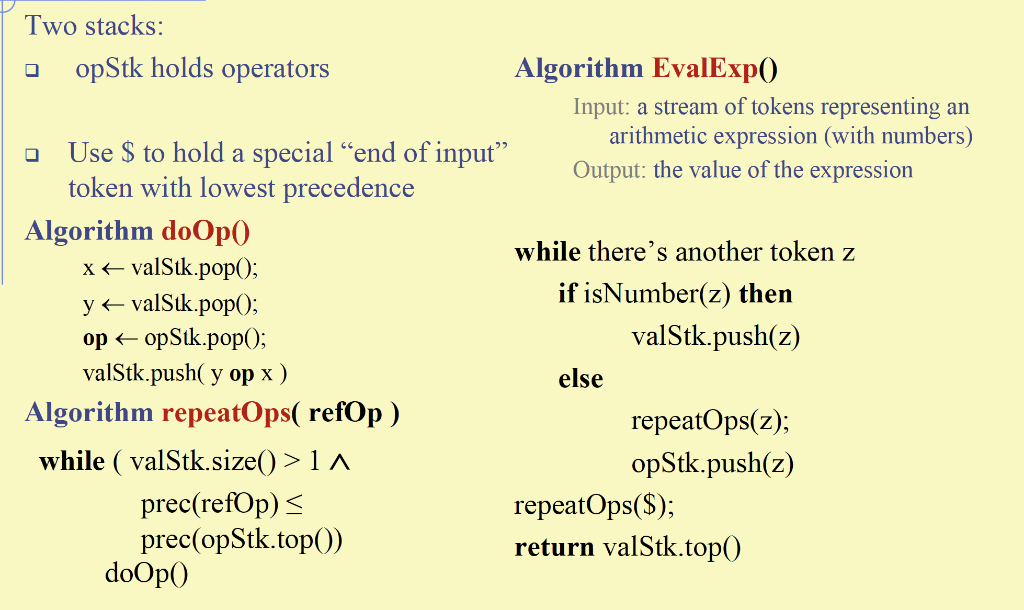 Two stacks: opStk holds operators Algorithm EvalExpo | Chegg.com