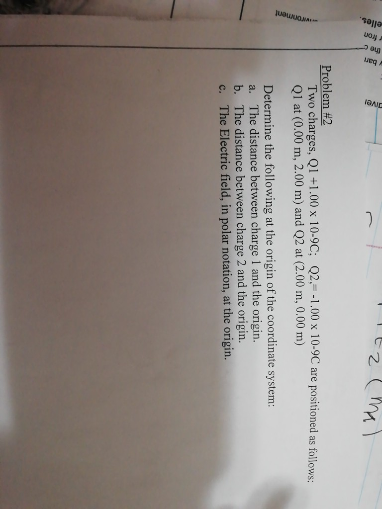 Solved 3 Problem #2 Two charges, Q1+1.00 x 10-9C; Q2,=-1.00 | Chegg.com