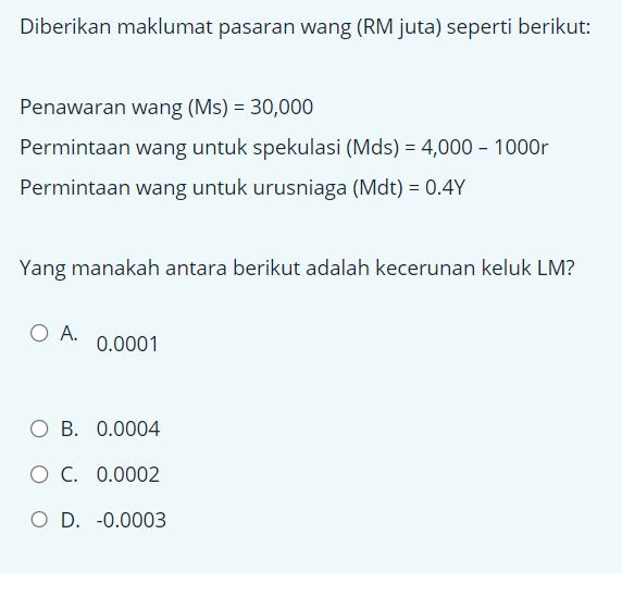 Solved Diberikan maklumat pasaran wang (RM juta) seperti | Chegg.com Solved Diberikan maklumat pasaran wang (RM juta) seperti | Chegg.com