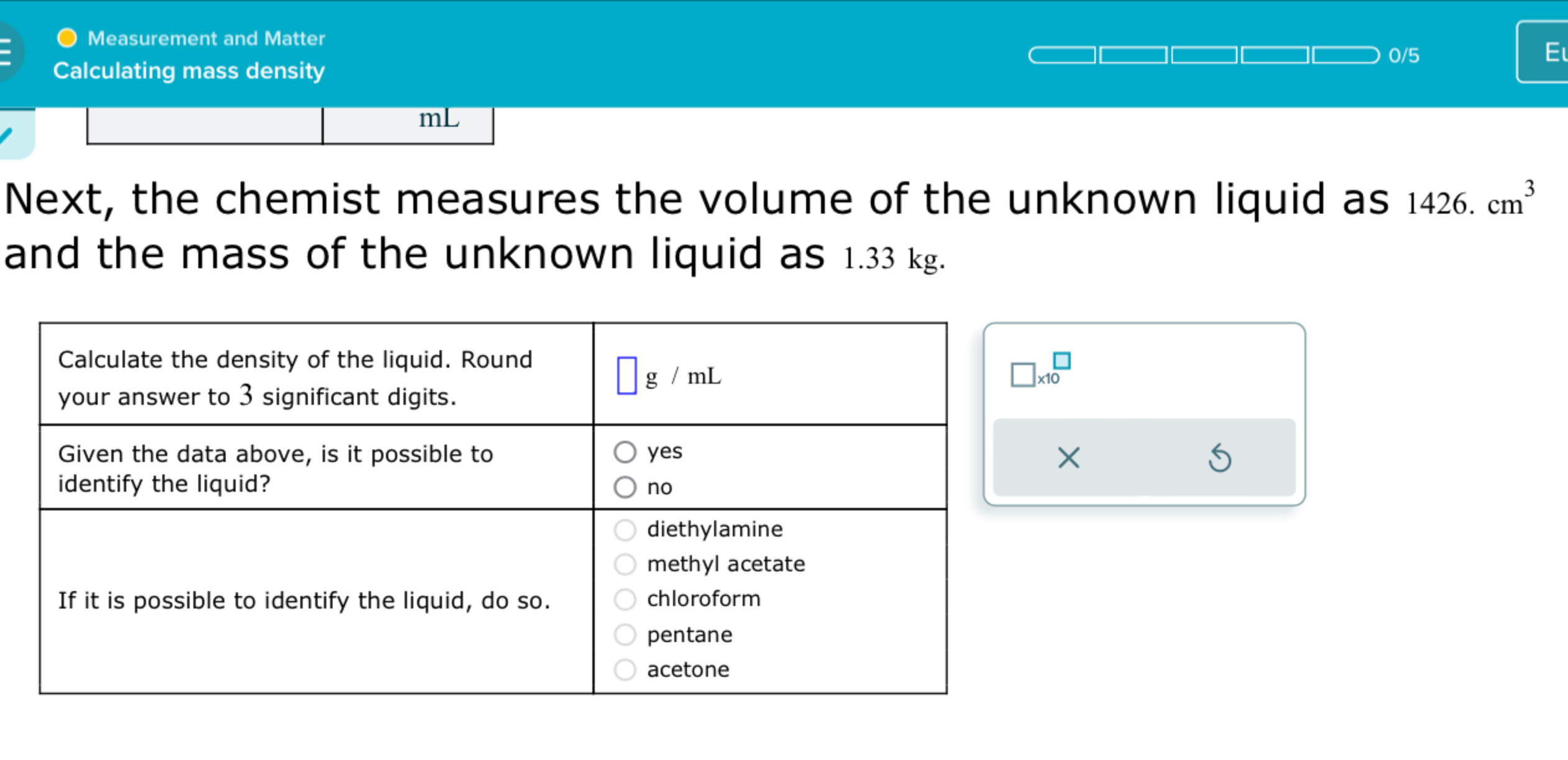Solved Next, the chemist measures the volume of the unknown | Chegg.com