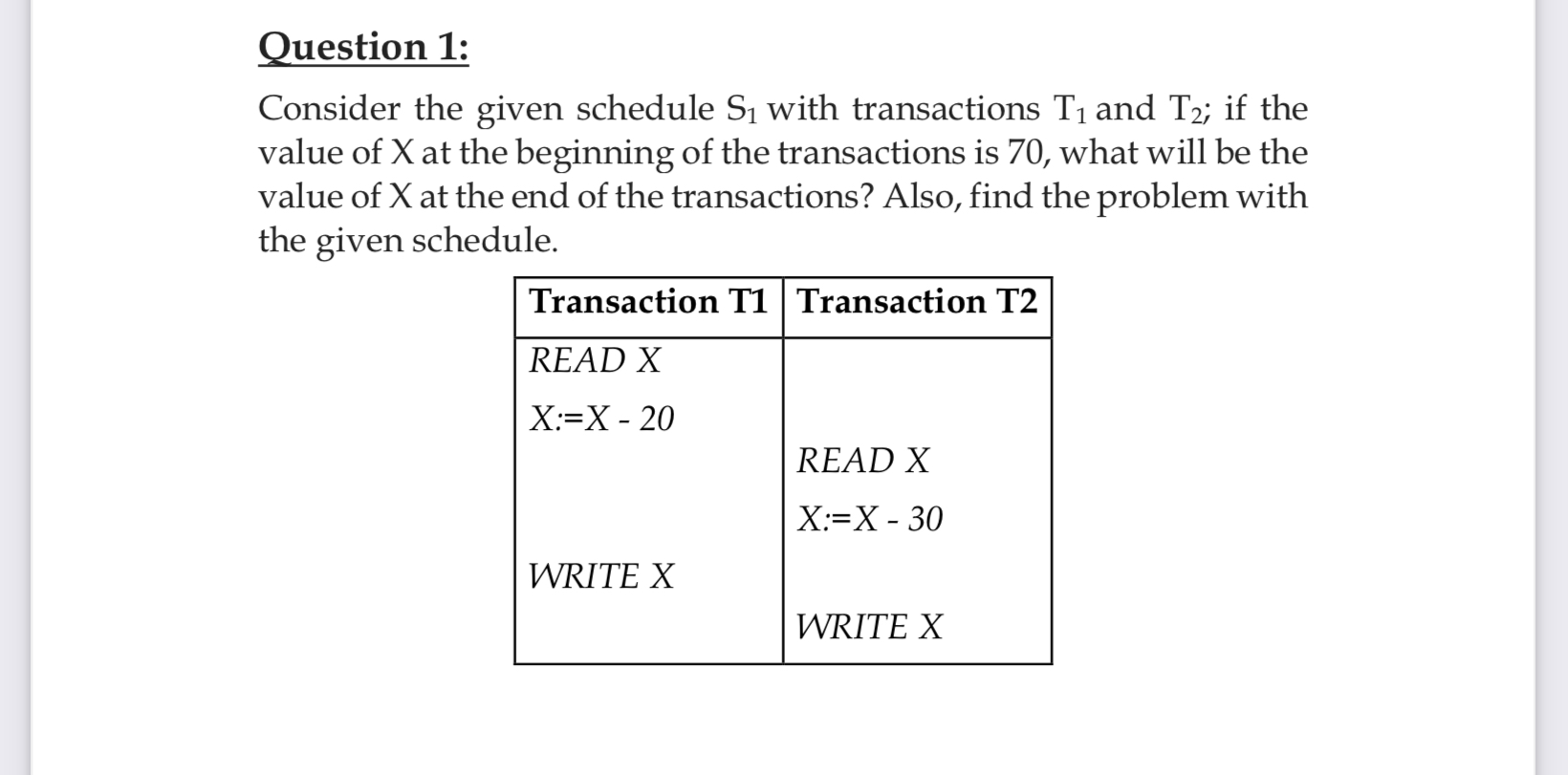 Solved Question 1: Consider the given schedule S1 with | Chegg.com