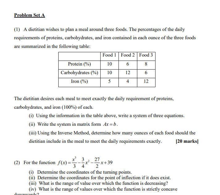 Solved Problem Set A (1) A dietitian wishes to plan a meal | Chegg.com