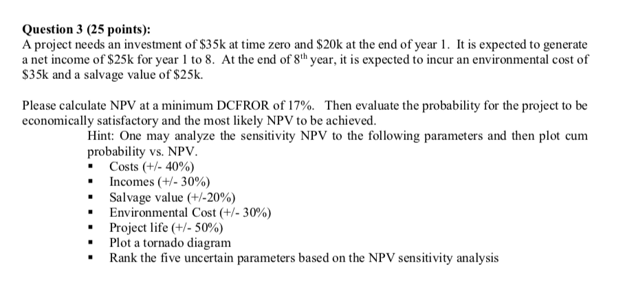 Question 3 (25 points): A project needs an investment | Chegg.com
