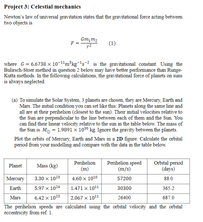 Solved Project 3: Celestial mechanics Newton's law of | Chegg.com