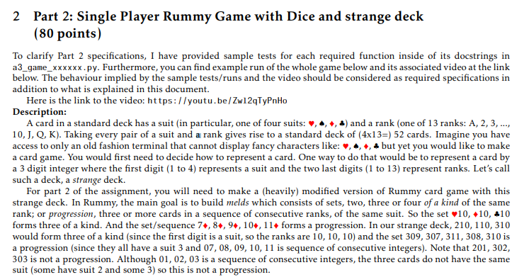 Solved 2 Part 2: Single Player Rummy Game with Dice and | Chegg.com