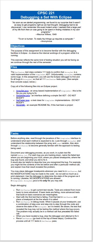 JAVA CPSC 221 Debugging with | Chegg.com