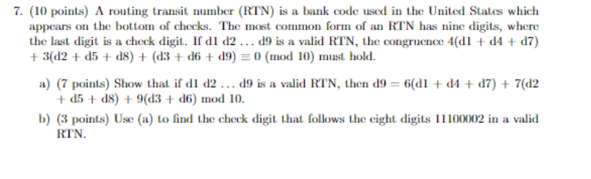 Solved 7. (10 points) Λ routing transit number (RTN) is a | Chegg.com