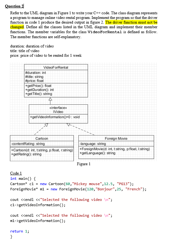Solved Question 2 Refer to the UML diagram in Figure 1 to | Chegg.com