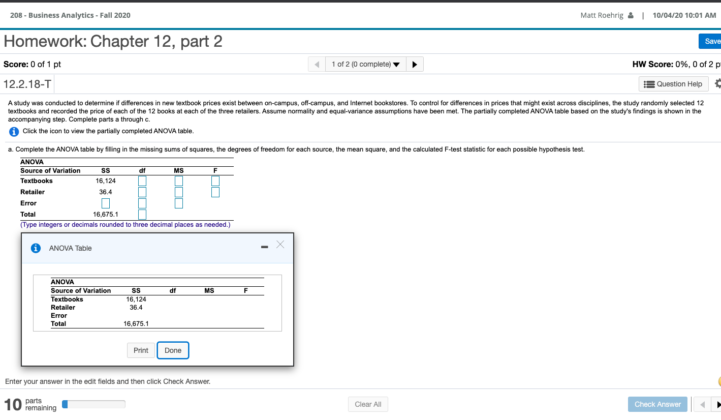 Solved 208 - Business Analytics - Fall 2020 Matt Roehrig | Chegg.com