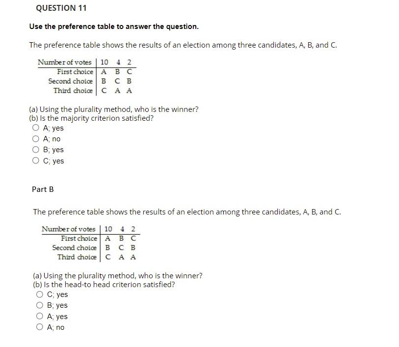 Solved QUESTION 11 Use the preference table to answer the | Chegg.com