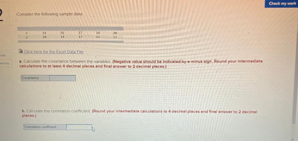 Solved Check my work Consider the following sample data, X | Chegg.com