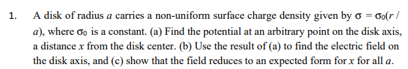 Solved A disk of radius a carries a non-uniform surface | Chegg.com