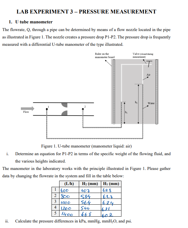 Solved LAB EXPERIMENT 3 - PRESSURE MEASUREMENT 1. U tube | Chegg.com