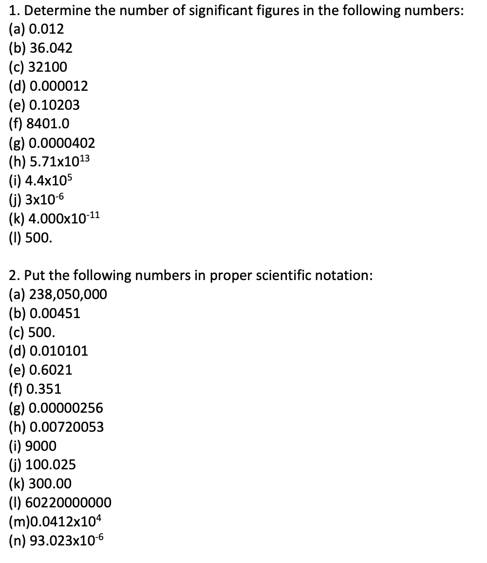 Solved 1. Determine the number of significant figures in the | Chegg.com