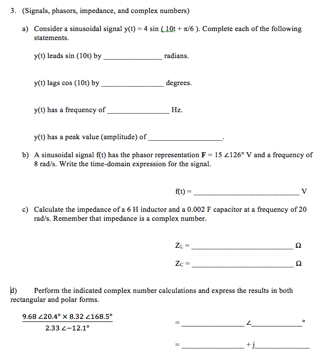 Solved 3. (Signals, phasors, impedance, and complex numbers) | Chegg.com