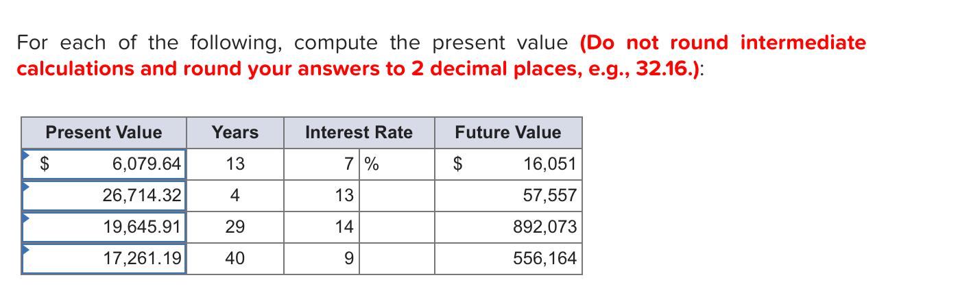 Solved For each of the following, compute the present value | Chegg.com