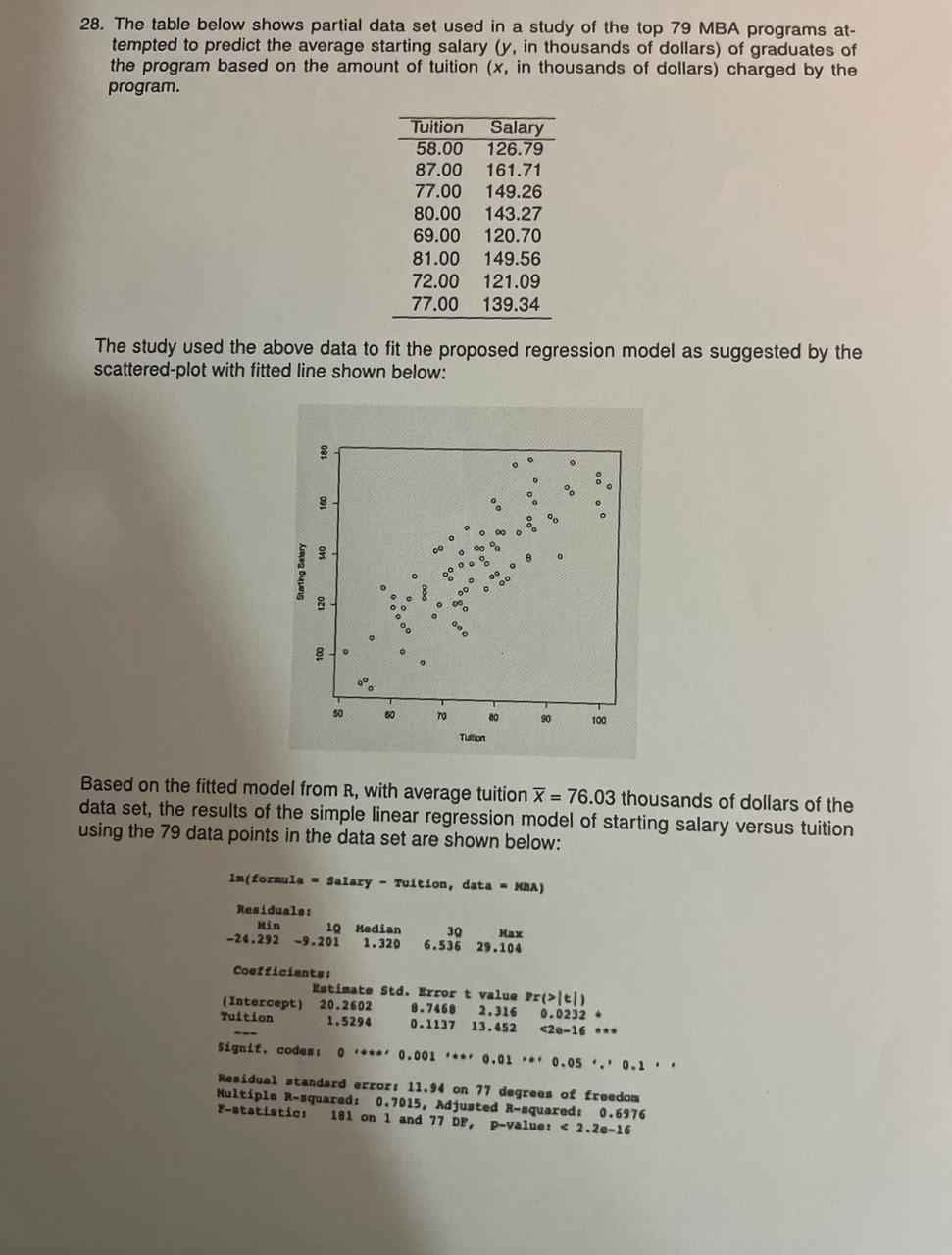 Solved 28. The table below shows partial data set used in a | Chegg.com