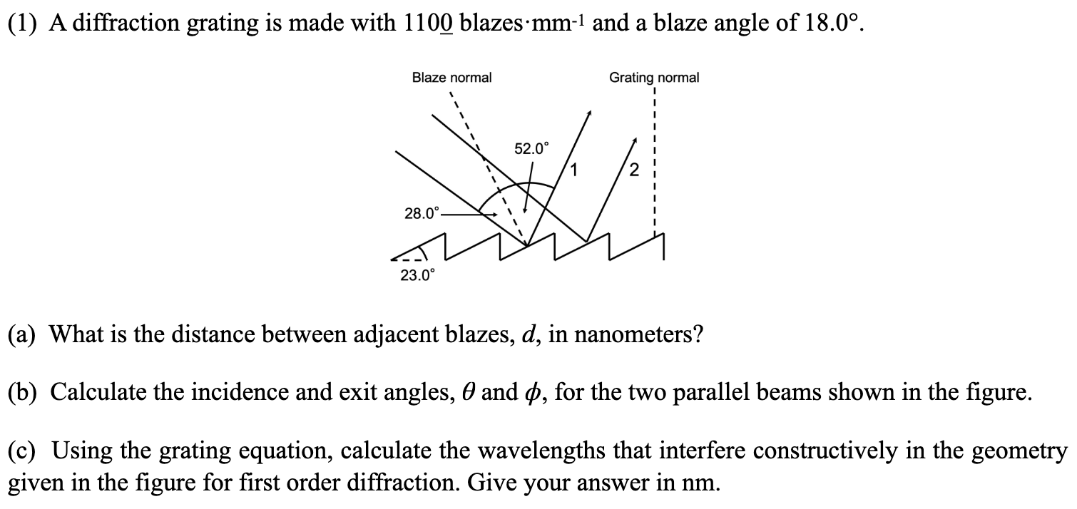 Solved (1) A diffraction grating is made with 1100 | Chegg.com