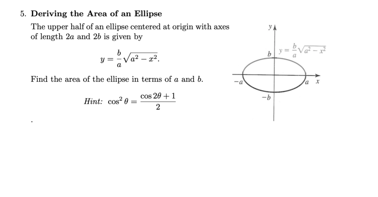 Solved 5. Deriving the Area of an Ellipse The upper half of | Chegg.com